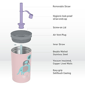 asobu Stainless Steel Kids Tumbler with Flexible Straw Lid | Insulated Water Bottle | Reusable Travel Cup 12 Ounce (Pink)