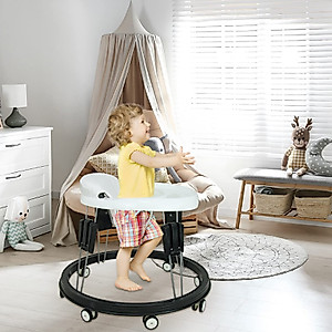 Baby Walker for Boys and Girls, Foldable Toddler Round Walker with Adjustable Height, Detachable Seat Cover and Mute Anti-Rollover Baby Walker, Suitable for Height 65-88cm