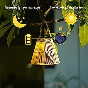 Outdoor Solar Hanging Lantern, 2 Pack Solar Lights Waterproof Table Light with Woven Rope Handle Rechargeable Decorative for Patio Backyard Garden Tree, Natural