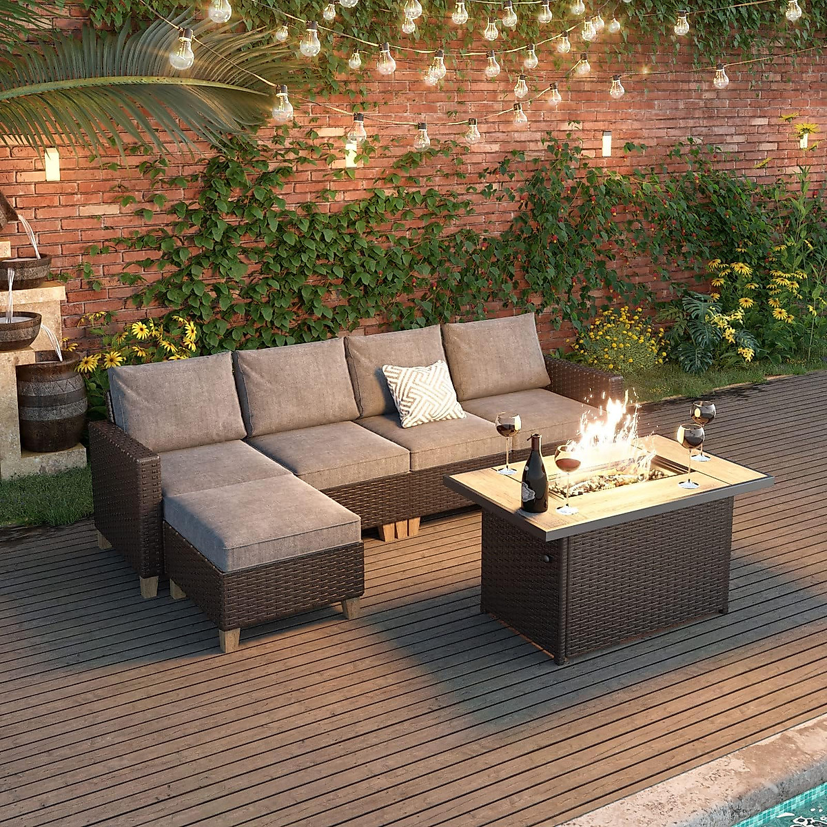 Grand patio Sofa Sets Outdoor Furniture Sets 6 Pieces Conversation Set, Wicker Patio Furniture Sectional Sofa with Thick Cushions for Yard Garden Porch &Brown