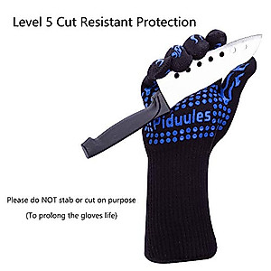 Piduules BBQ Grill Gloves, 1472°F Heat Resistant Non-Slip Grill Mitt with Elastic Cuff for Frying, Barbeque, Cooking, Baking, Oven, Cutting,14 Inch (Blue)