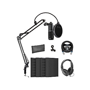 Audio-Technica AT2020 Cardioid Condenser Microphone Bundle with Blucoil 4-Pack of 12 Acoustic Foam Isolation Panel Wedges, 10' XLR Cable, Boom Arm Plus Pop Filter, and Samson SR350 Headphones