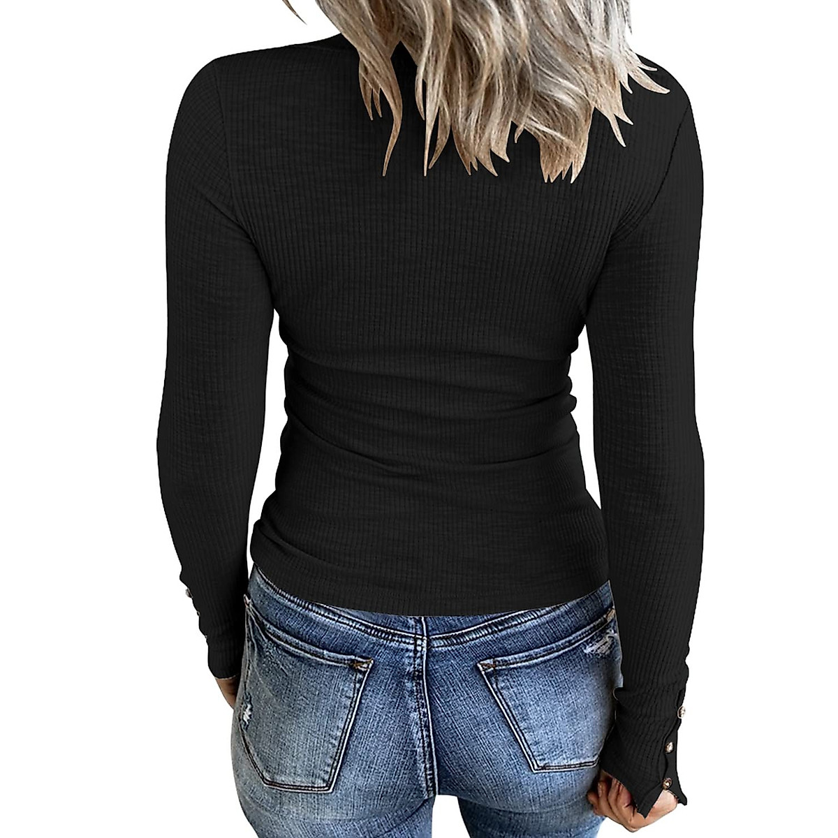 KINLONSAIR Women’s Long Sleeve Henley T Shirts Button Down Slim Fit Tops Scoop Neck Ribbed Knit Shirts Black