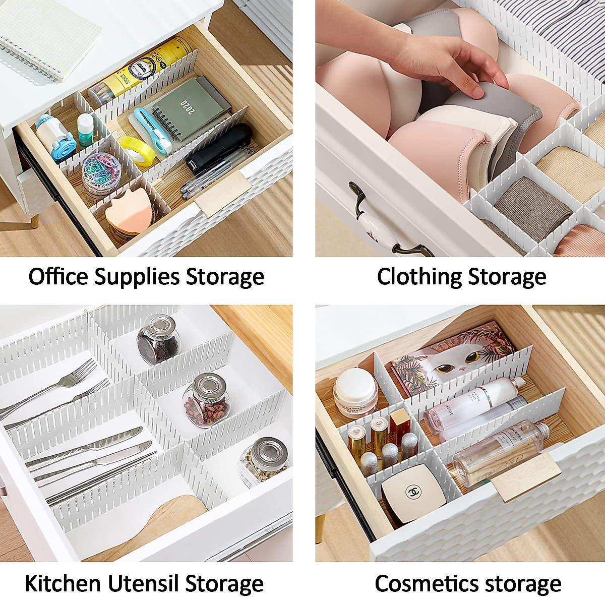 14.5 in White Adjustable Drawer Dividers, TWUTGAYW 8PC DIY Grid Drawer Organizer Dividers, Plastic Organizer Separator for Socks Underwear Makeup Cosmetic Clothes Can Help Tidy Kitchen Bedroom Dresser