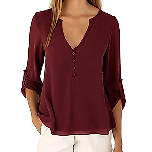 Mayntop Womens Tops Shirt Long Sleeve Chiffon Solid Color Plain Roll-Up Sleeves Plus Size V-Neck Button Loose Blouse(A Wine,M)