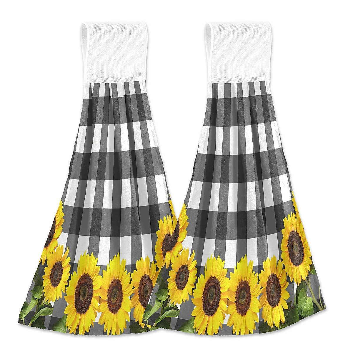 Kcldeci Sunflower Hanging Towels Kitchen Dish Towels with Hanging Loop Buffalo Check Plaid Absorbent Dish Clothes Kitchen Wears Hanging Tie Towels Set of 2
