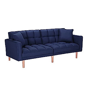 Modern Futon Sofa Bed, 75" Convertible Sleeper Sofa with Armrests and Guests w/ 2 Pillows, Recliner Couch with 5 Solid Wooden Legs, Twin Size Sofa for Living Room (Navy Blue+Fabric)
