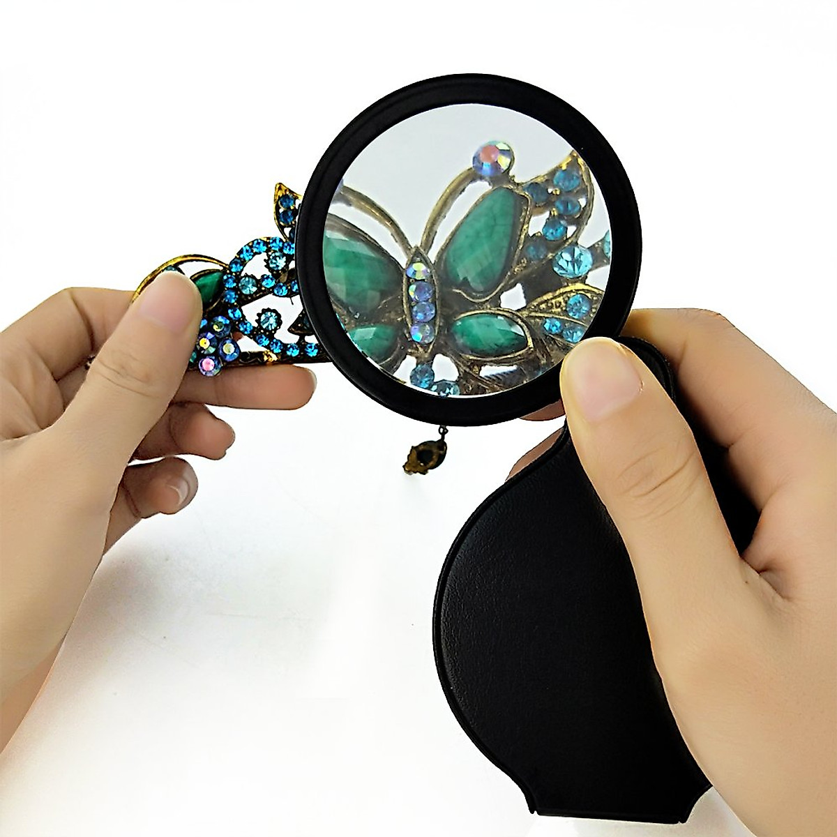 6X Mini Pocket Magnifying Glass Folding Pocket Magnifier Loupe with Rotating Protective Holster Leather Pouch for Reading,Science Class,Hobby (Black), 60mm/2.4"