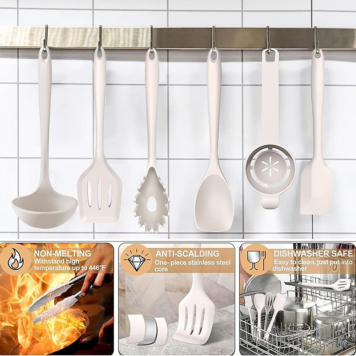 Silicone Kitchen Cooking Utensils Set,22 Pcs Heat Resistant Cooking Utensils Set, Tongs, Spoon, Spatula,Silicone Cooking Utensils Set for Nonstick Cookware,Kitchen Utensils Set (Khaki)