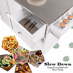 GLACER Kitchen Island Cart on Wheels, Rolling Kitchen Cart with Stainless Steel Countertop, Rolling Kitchen Island for Kitchen, Dining Room, Restaurant, 53 x 18 x 36 inches (White)