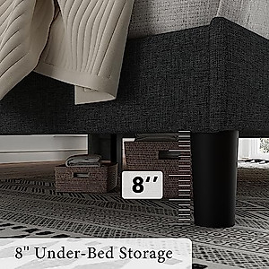 iPormis Full Size Bed Frame with Wingback, Modern Upholstered Platform Bed with 8'' Under-Bed Storage, Fabric Headboard, Wood Slats Support, No Box Spring Needed, Noise-Free, Easy Assembly, Dark Gray