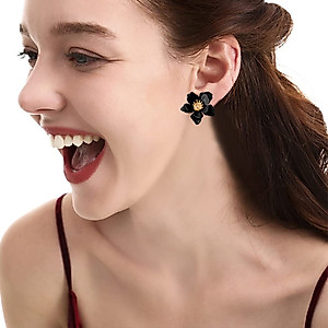 Chic Cute Boho Matte Flower Statement Stud Earrings with Gold Flower Bud for Women Sister Mom Lover and Friends (Black)