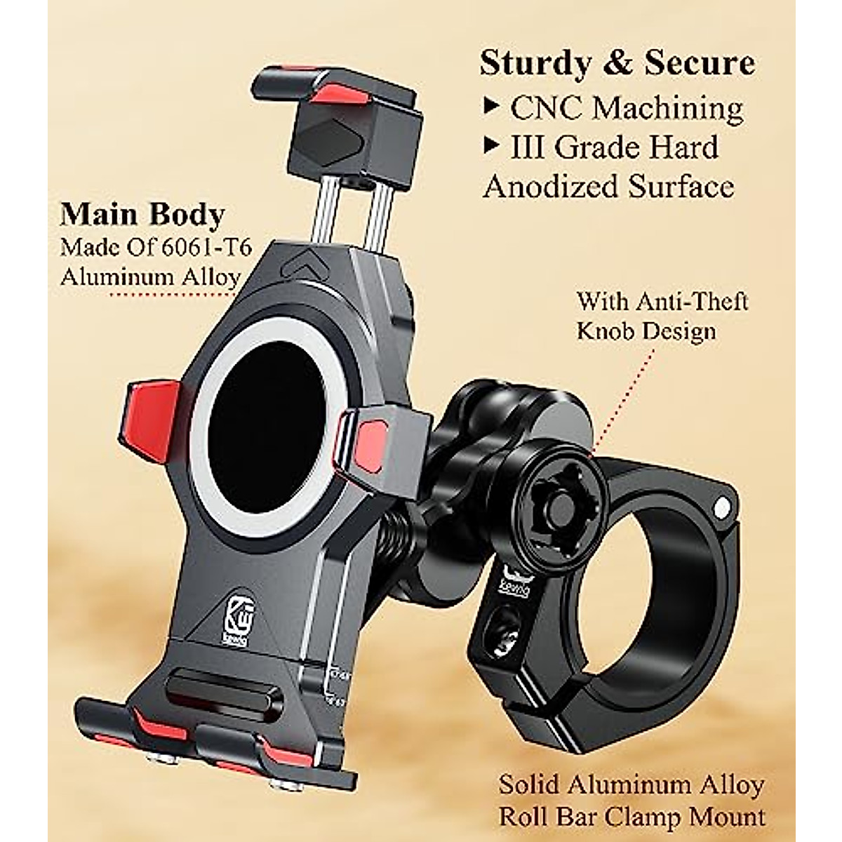 BRCOVAN Aluminum Alloy UTV Phone Holder with Vibration Dampener & High-Speed Secure Lock, Metal Anti-Shake UTV Roll Bar Cellphone Mount Fit Roll Cage 1.5/1.65/1.75/1.85/2 inch, for 4.7''-7.2'' Phones