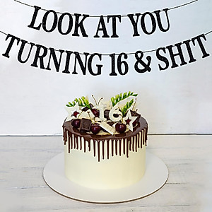 Happy 16th Birthday Banner, Happy Sweet 16, 16 and Fabulous, Funny Teens 16th Birthday Party Decorations Backdrop Gifts, Black Glitter