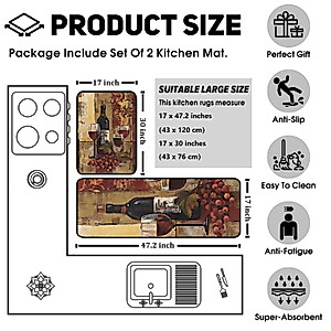 OUXIOAZ Wine Kitchen Rugs and Mats [2 PCS], Non Skid Washable Absorbent Microfiber Kitchen Mat for Doormat Bathroom Runner Set (17"x47"+17"x30", Wine)