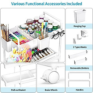 SPACEKEEPER Rolling Storage Cart, Slide Out Bathroom Organizer 3-Tier Laundry Room Organization Shelf Mobile Utility Cart with Hanging Cups, Dividers for Kitchen Bathroom Narrow Spaces, White