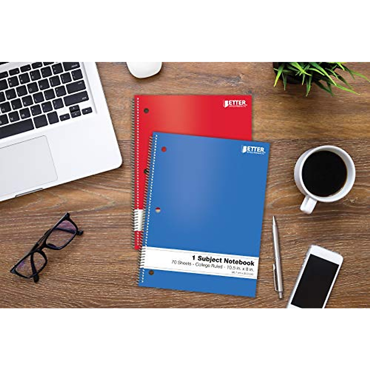 Better Office Products Spiral Notebooks 1-Subject, 24 Pack, College Rule, 70 Sheet, 8 x 10.5 inches, 6 Assorted Primary Colors, 24 Pack