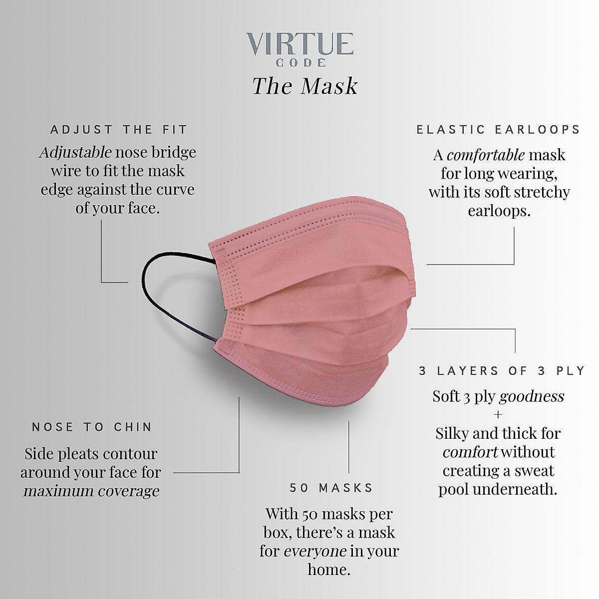 VIRTUE CODE Balance Face Masks - Soft 3 Ply Comfort Face Masks, Colorful Disposable Face Mask 50 Pack. Latte Love Colored Masks. Adults Mens and Womens Disposable Face Masks