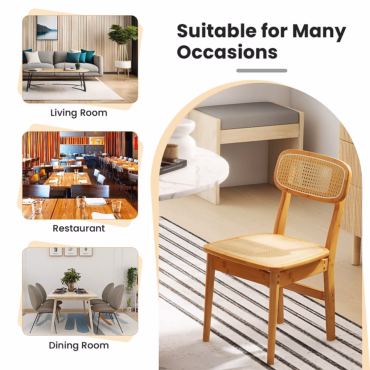 Giantex Rattan Dining Chairs Set of 2, Boho Cane Kitchen Chairs, Max Load 300 Lbs, Bamboo Armless Dining Room Chairs