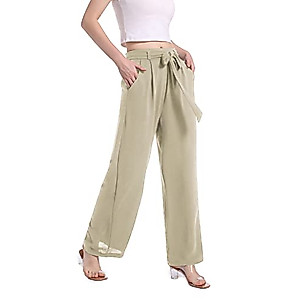 Zehwonpei Wide Leg Pants for Women High Waisted Palazzo Flowy Casual Pants Trendy Bowknot Loose Lounge Trousers with 2 Pockets (Beige,Size XL)