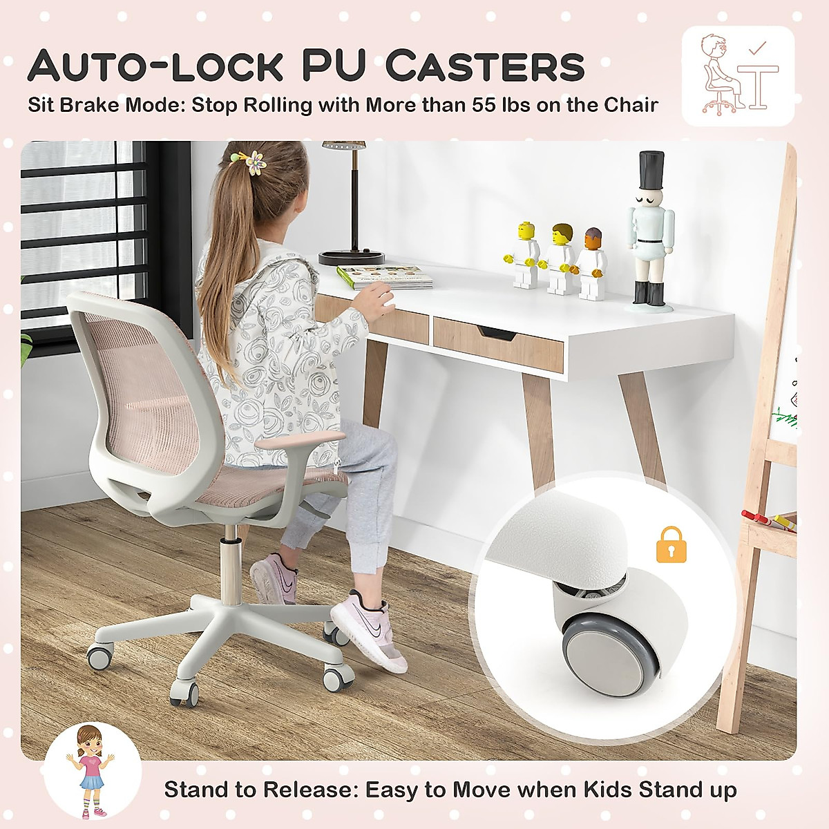 Giantex Kids Desk Chair, Children Armrest Computer Chair with Sit-Lock Wheels, Ergonomic Kids Office Chair with Waterfall Seat, Rolling Swivel Mesh Study Desk Chair for Girls Boys (Pink)