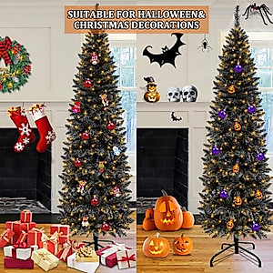 6 Ft Prelit Black Halloween Christmas Tree, 240 LED Warm Lights, 658 Thick Branch Tips, Fire-Resistant, UL Plug, Metal Stand, Hinged Pencil Xmas Tree Christmas Decorations Home Indoor Outdoor