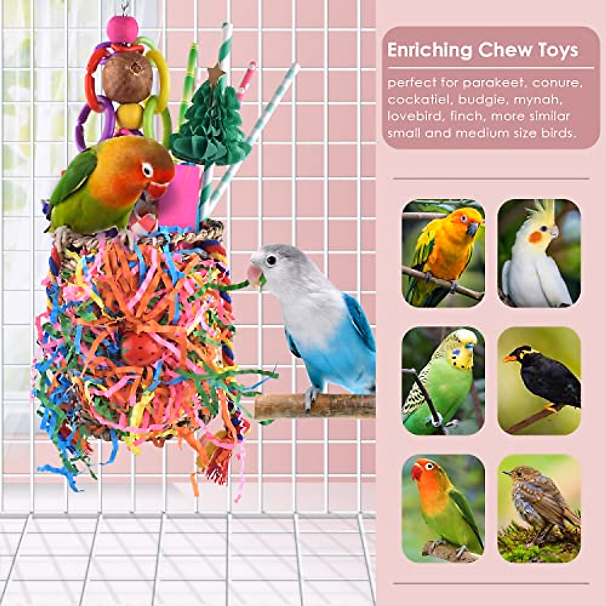 KATUMO Bird Foraging Toys, Seagrass Basket Bird Toy with Array of Chewable Parrot Toys for Small Medium Parrot Birds