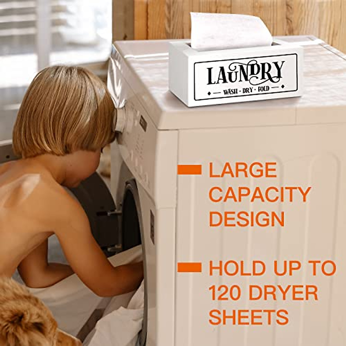 Dryer Sheet Holder - Wooden Dryer Sheet Dispenser for Fabric Softener Sheets, Rustic Dryer Sheet Container Storage Box, Farmhouse Laundry Sheet Dispenser for Laundry Room Decor - White