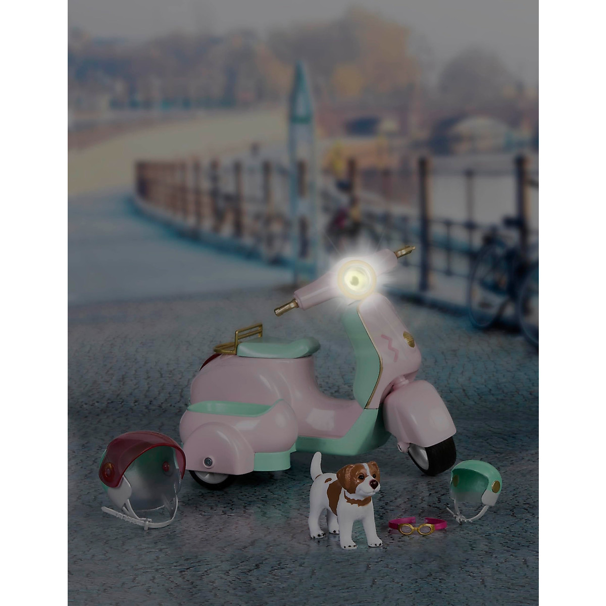 Lori Dolls – Toy Scooter for Mini Dolls – Vehicle with Accessories – Toy Dog with Helmet & Goggles – Working Lights & Sounds – Let’s Go for a Spin Scooter – 3 Years +