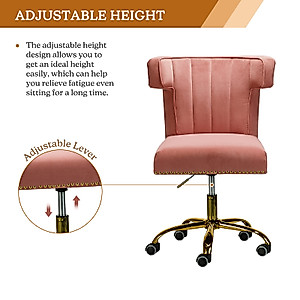 HULALA HOME Velvet Office Chair with Wingback and Decorative Nailhead, Adjustable Swivel Modern Armless Desk Chair, Cute Vanity Chair for Women (Gold Base, Fushia)