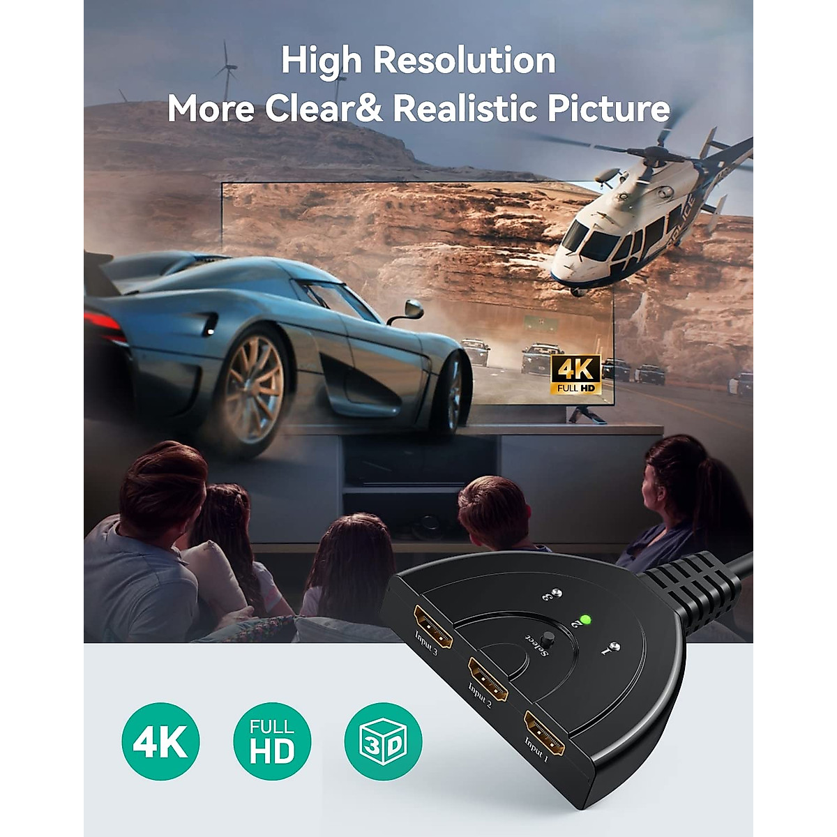 HDMI Switch 4K, VILCOME 3 Port HDMI Switcher 3x1 HDMI Splitter Hub 3 in 1 Out with Pigtail Cable Supports 4K 3D HD 1080P for Xbox PS4 Roku HDTV