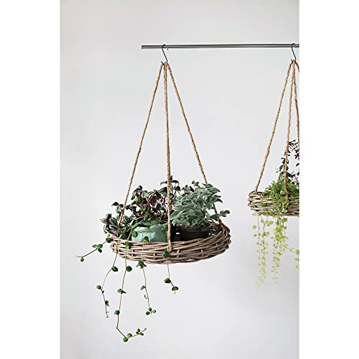 Creative Co-Op Hand-Woven Rattan Rope Hangers, Set of 2 Hanging Basket, 22" L x 22" W x 5" H, Gray