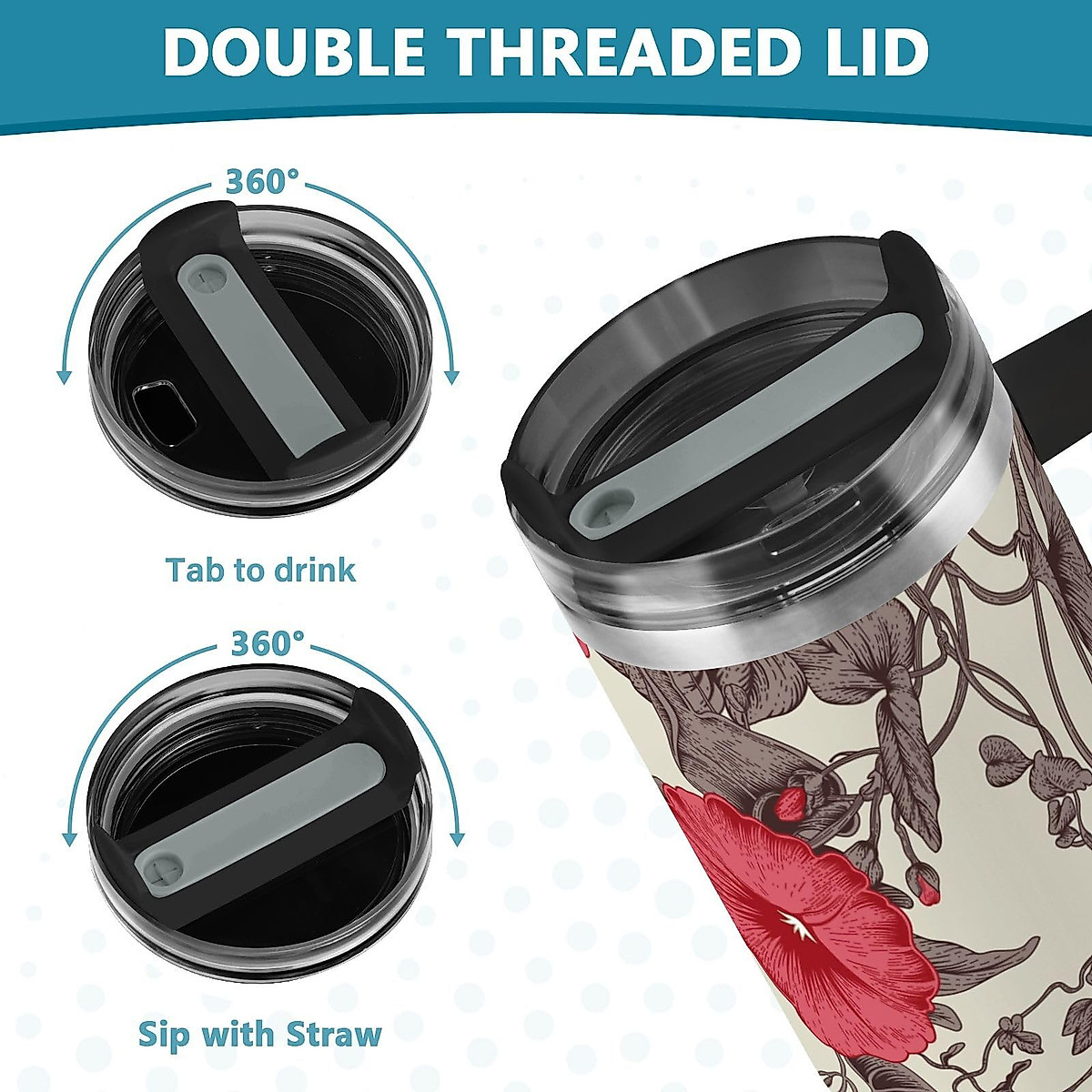 Yasala Car Tumbler with Handle Trumpet Flower Red Travel Mug Coffee Cup Insulated Beverage Container Mega Cup for Hot Cold Drinking Thermos Water Bottle Cupholder Friendly 40 oz