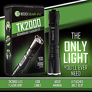 EcoGear FX TK2000 Tactical Flashlight Kit - Delivering 2000 Lumens Max, 3 Light Modes with Instant Strobe Light, Adjustable Focus Zoom, USB Rechargeable with a 5000mAh High Power Battery