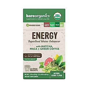 BareOrganics On-The-Go Energy Superfood Water Enhancer — Organic Energy Drink Mix, Set of 12 Packets