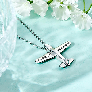 Fanery Sue Stereoscopic Aircraft Model Personalized Necklace Custom Engraved Name Pendant Necklace Pilot Gift(Engraving)