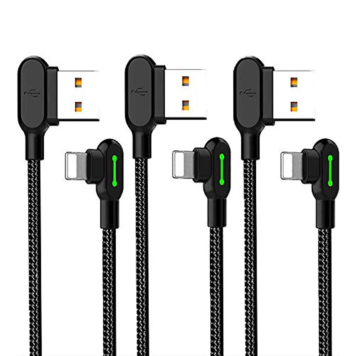 USB 90 Degree Right Angle Design Gaming LED Nylon Braided Sync Charge Double Size USB Reversible Data 6FT/1.8M Cable Compatible New Phone/Pad/Pod (3 Pack Black, 6FT)
