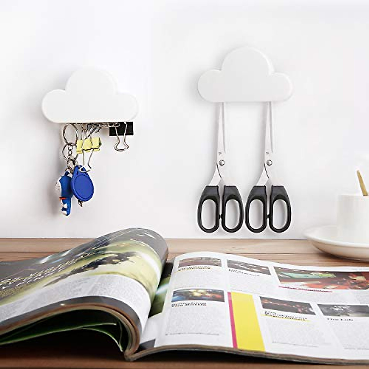 MoKo Magnetic Key Holder, [2 Pack] Magnetic Key Rack Organizer Hooks with Adhesive Magnetic Key Ring Holder for Wall Door - White