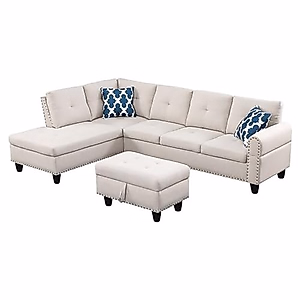 Devion Furniture Polyester Fabric Sectional Sofa with Lift-top Storage Ottoman, Tufted Design, in Beige Finish