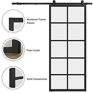BARNSMITH 30in x84 in Glass Barn Door with Hardware Included Sfot Close Heavy Duty DIY Tempered Frosted Glass Barn Door Aluminum Frame Sliding Door Assemble Required
