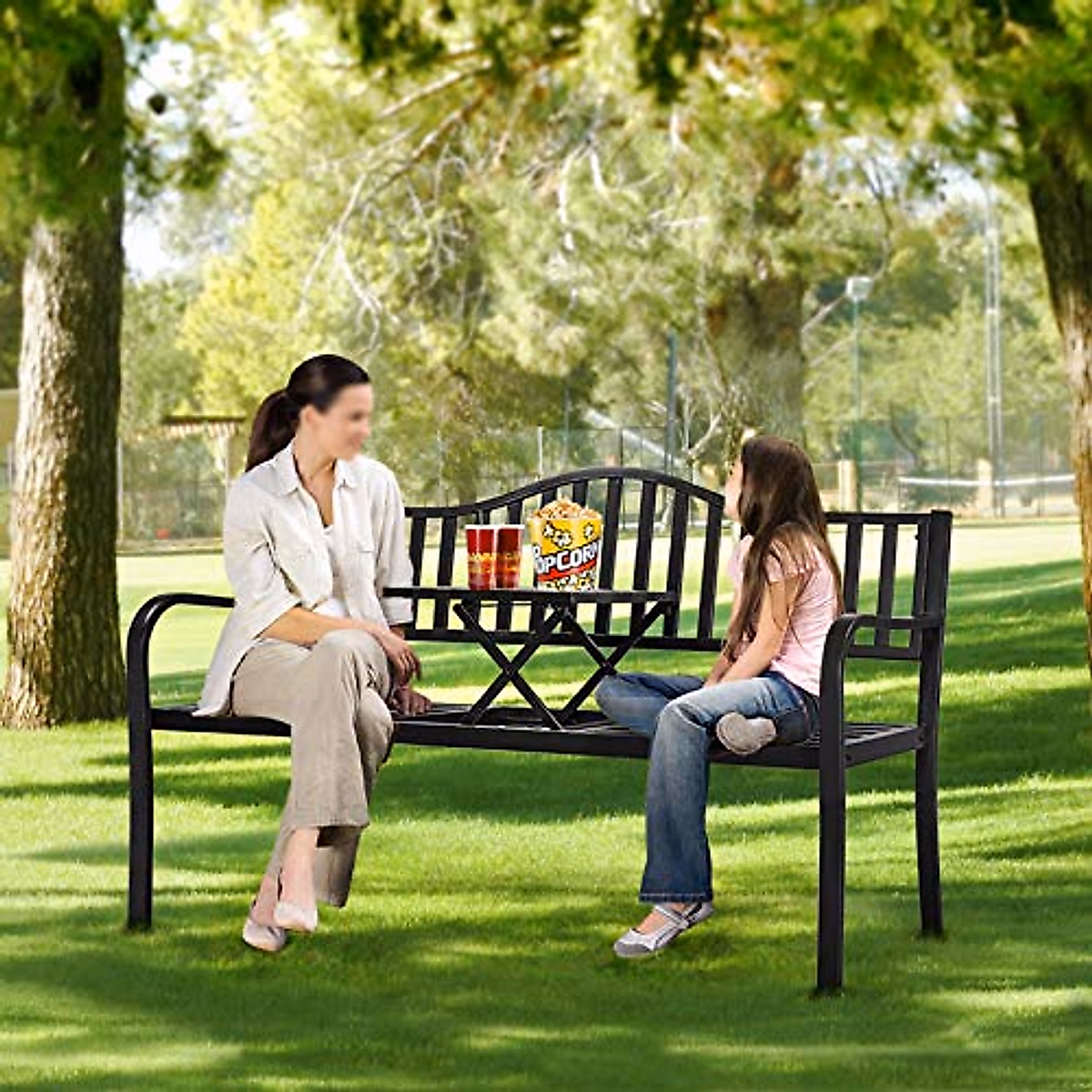 Topeakmart Outdoor Garden Bench Patio Park Bench Chair with Adjustable Middle Table, Two Person Outdoor Furniture, Black