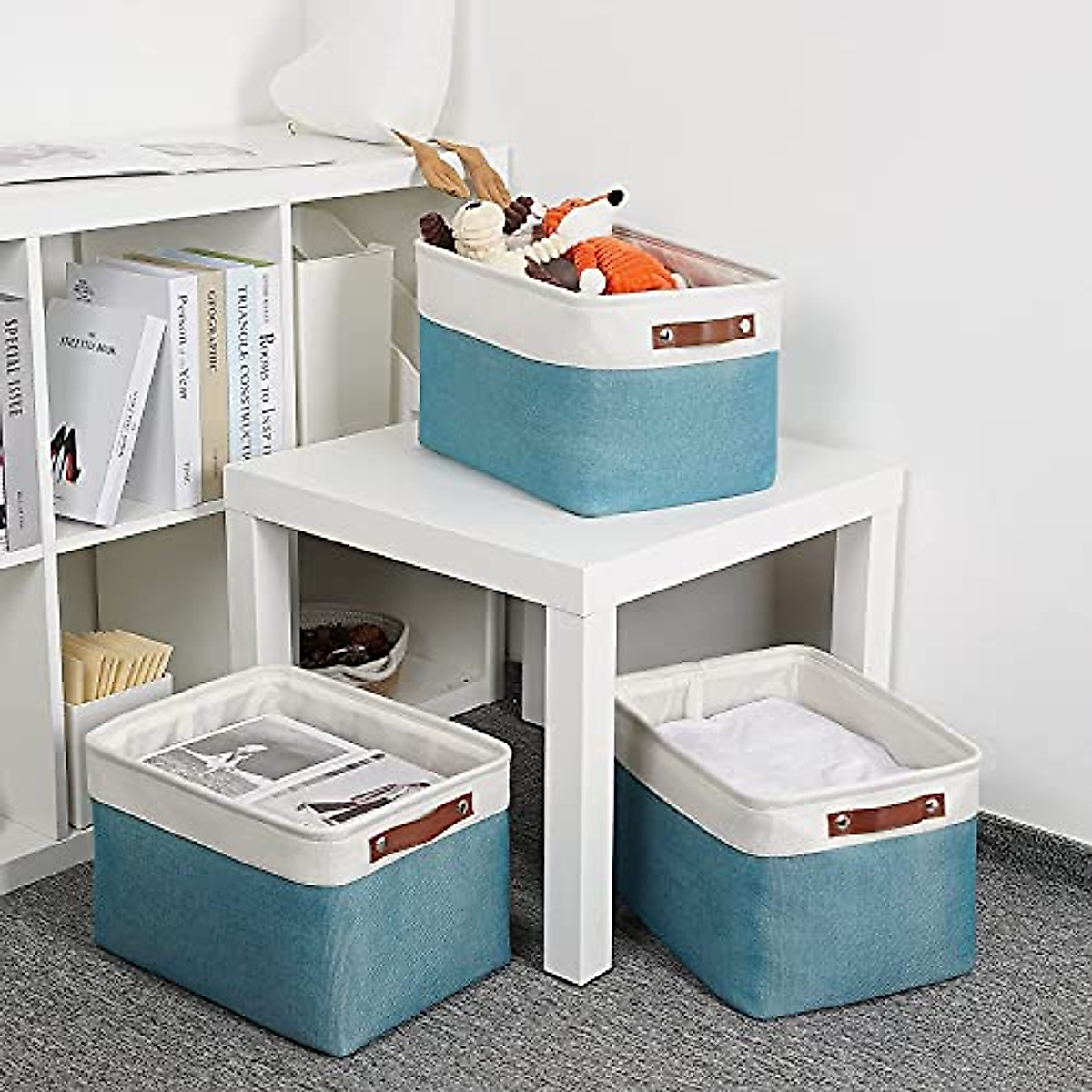 DULLEMELO Collapsible Bundle Baskets 3 Medium Baskets 15"x11"x9.5" + 6 Small Baskets 11.8"x7.9"x5.1"（White&Teal)