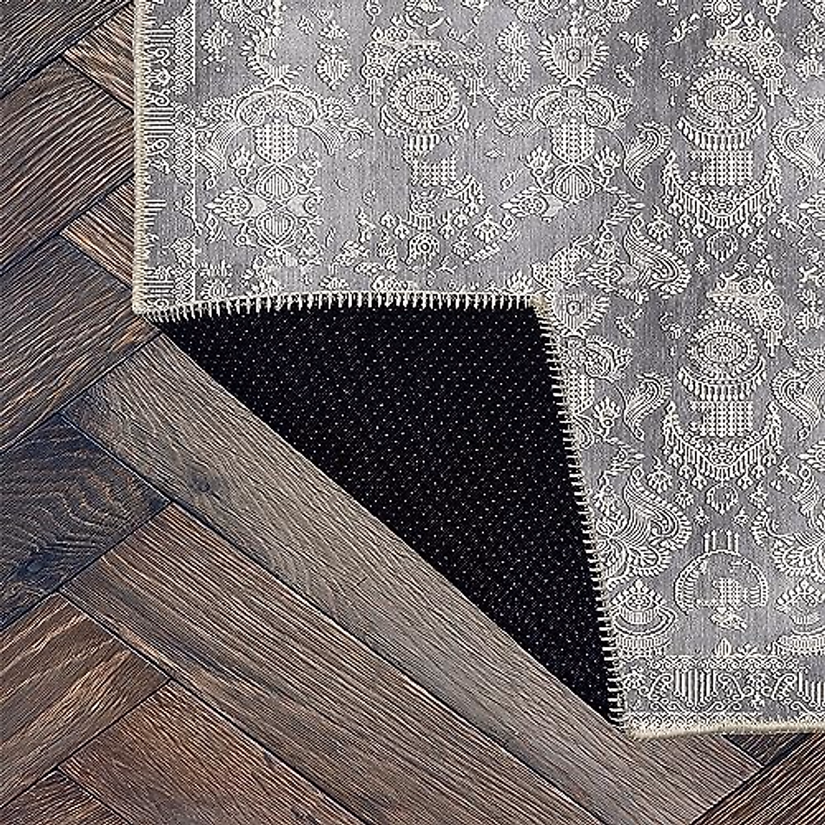 HomeNette Washable Area Rugs, 3x5 Dark Grey Rug with Non Slip Backing, Stain Resistant, Foldable, Boho Machine Washable Carpet for Kitchen, Bathroom, Bedroom or Living Room (3' x 5'2")