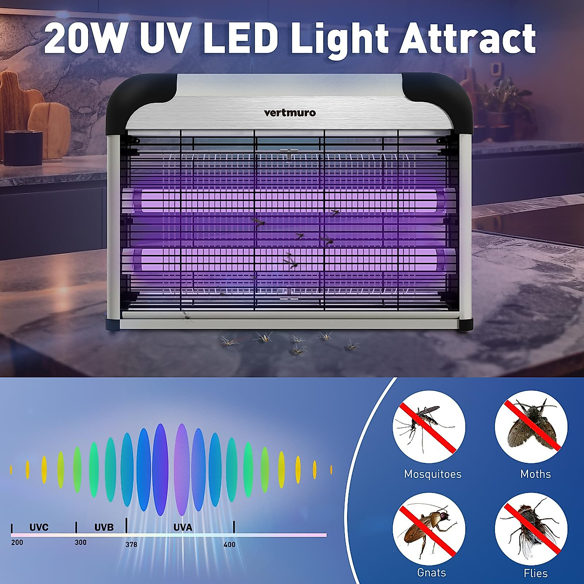 vertmuro 20W Electric Bug Zapper, Indoor Fly Insect Killer with 3000V Grid, UV Light, Mosquito Gnat Zapper w 2 Replacement Bulbs for Home, Kitchen, Restaurant, Garage