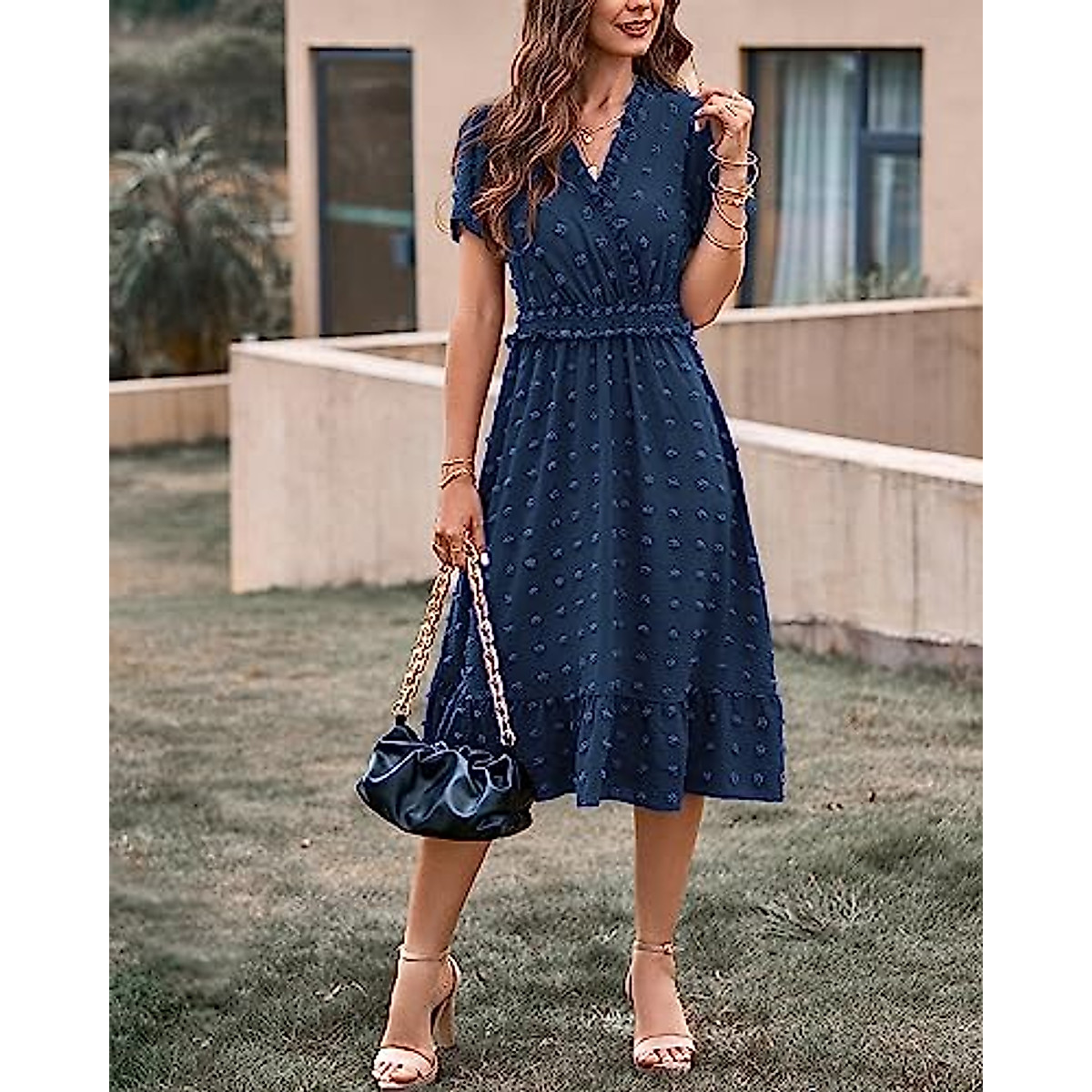 BTFBM Women's Summer Elegant Short Sleeve V Neck Swiss Dot Midi Dresses Cute Boho High Waist Long Dresses A-Line Ruffle Dress（Solid Navy,Large
