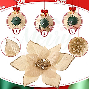 WILLBOND 24 Pieces 3 Size Christmas Glitter Poinsettia Flowers Wedding Faux Flowers Christmas Decoration Ornaments for Tree Outdoor(3.2/4/6 Inches,Champagne)