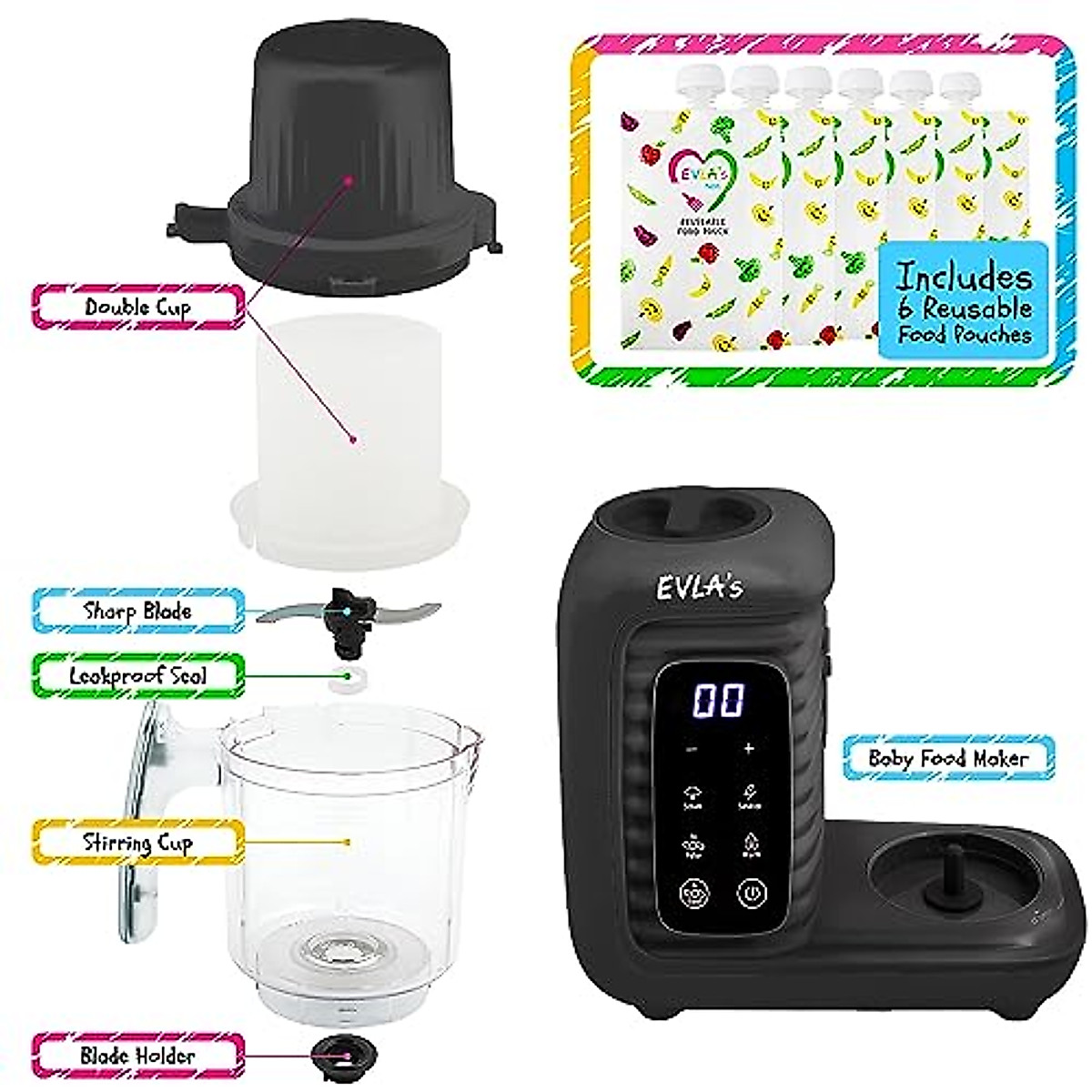 EVLA'S Double Baby Food Maker, Food Processor with 2 Steaming Baskets, Blender, Grinder, Steamer, Cooks & Blends Healthy Homemade Baby Food in Minutes, Touch Screen Control, with 6 reusable food pouches, Dark Gray