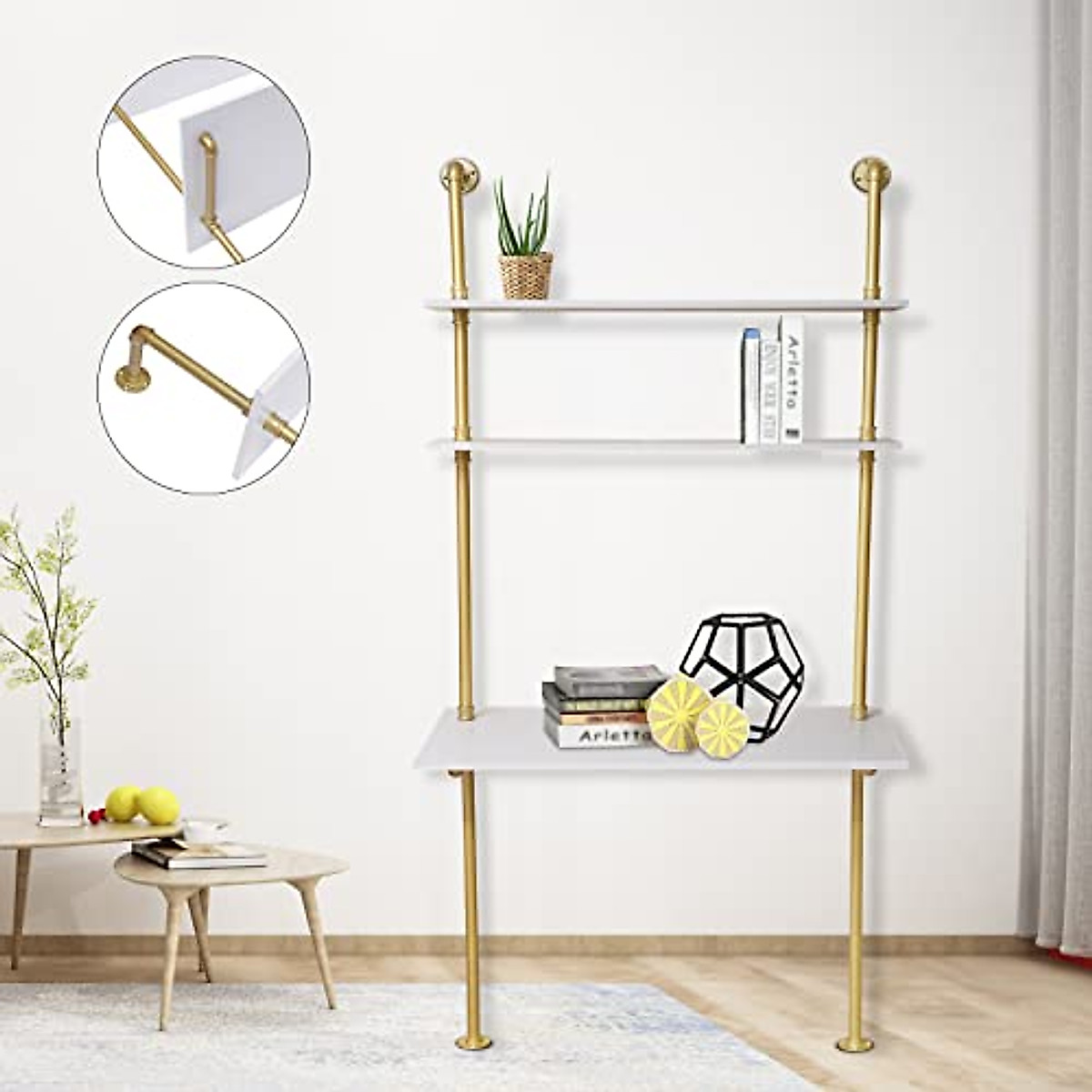 LOYALHEARTDY Wall Mount Ladder Desk Industrial Computer Desk with Shelves White and Gold Desk Writing Study Table Home Office Computer Table 3-Tier Wall Ladder Desk