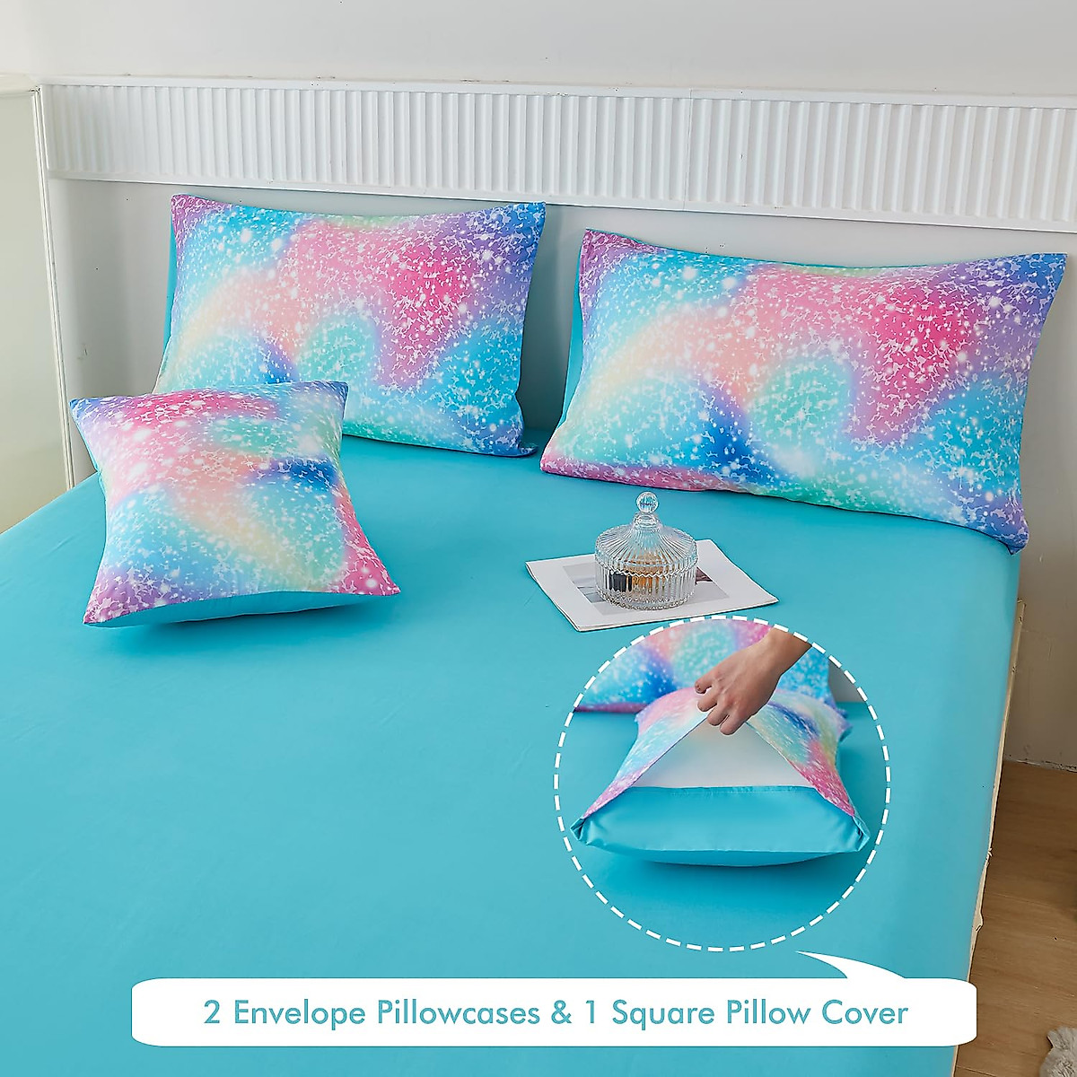 PERFEMET Pink Green Girls Twin Comforter Set, 6 Pieces Colorful Rainbow Kids Bedding Sets, Tie Dye Ombre Glitter Bed in A Bag Comforter Set with Sheets