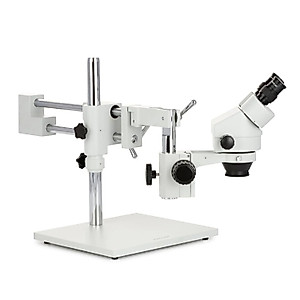 AmScope SM-4BZ-FRL Professional Binocular Stereo Zoom Microscope, WH10x Eyepieces, 3.5X-90X Magnification, 0.7X-4.5X Zoom Objective, 8W Fluorescent Ring Light, Double-Arm Boom Stand, 110V-120V, Includes 0.5x and 2.0x Barlow Lenses